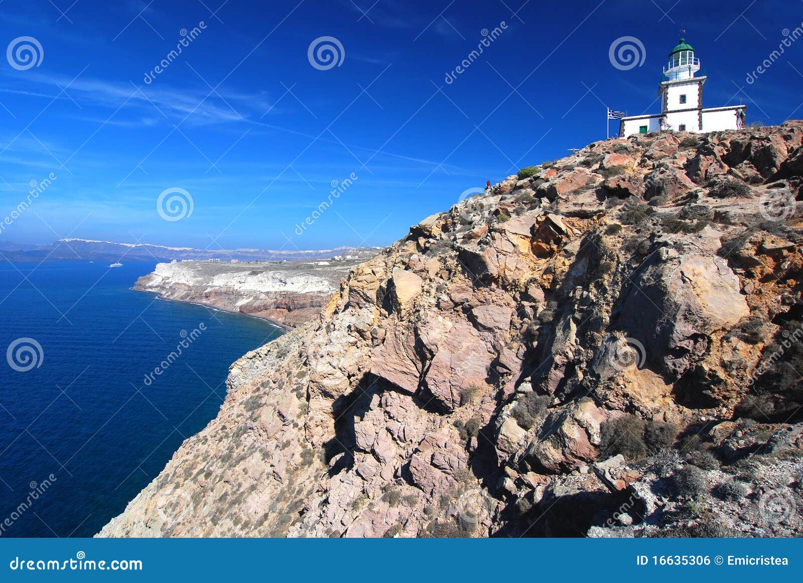Santorini Lighthouse and Caldera View Stock Photo - Image of slope ...