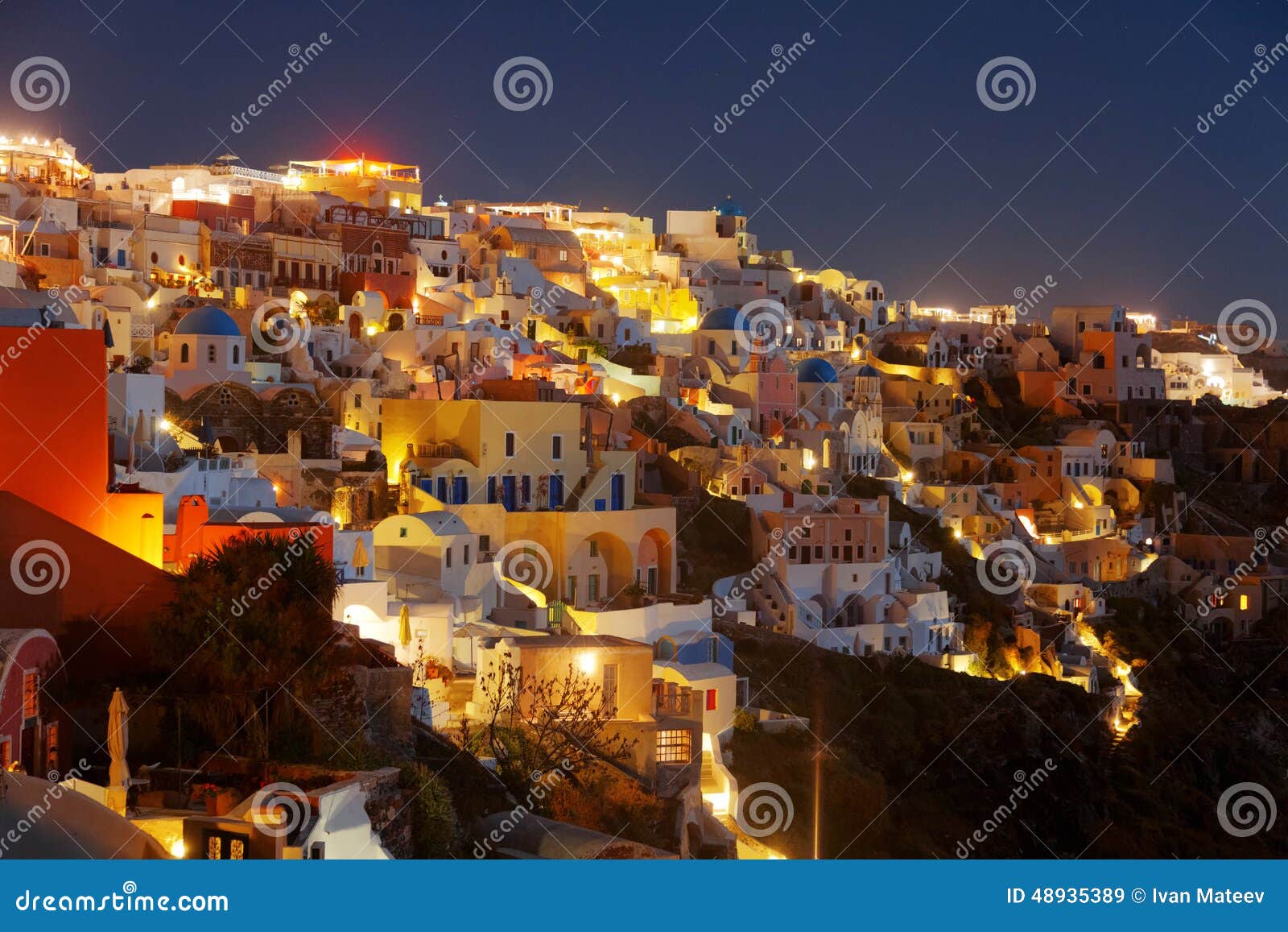 Santorini at night stock image. Image of cityscape, landmarks - 48935389