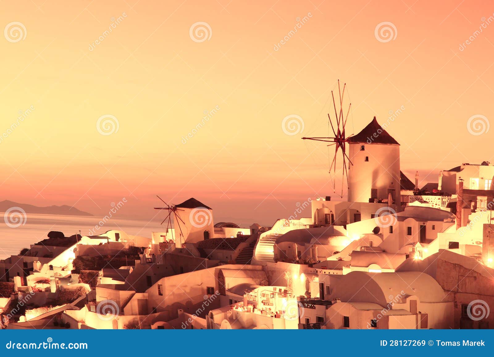 Santorini with Windmill in Oia, Greece Stock Image - Image of dome ...