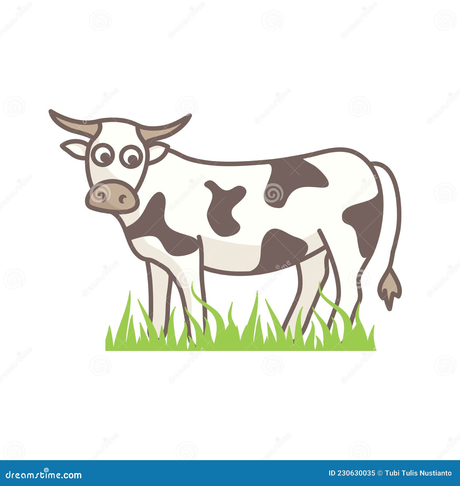 Cow Cute Cartoon Character Animal, with Green Grass, Flat Kawaii Style ...