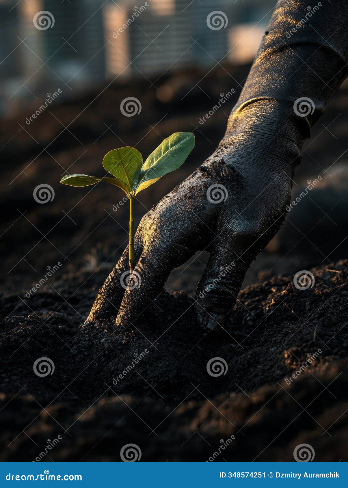 A Sapling Being Planted by Hands, Set Against an Urban Skyline ...