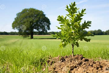 A Sapling on One Side and a Fully Grown Oak Tree on the Other Stock ...