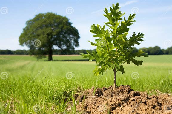 A Sapling on One Side and a Fully Grown Oak Tree on the Other Stock ...