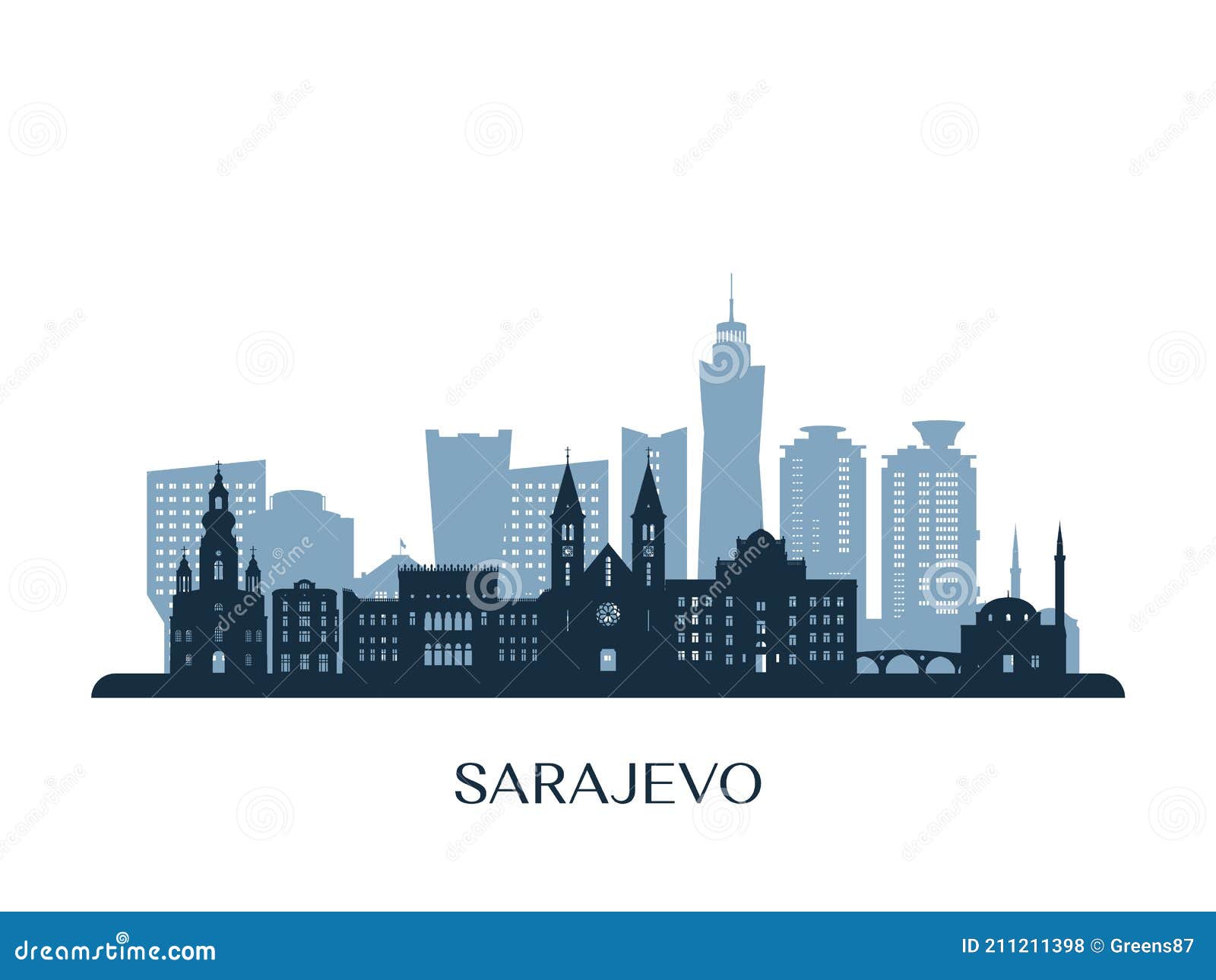 Sarajevo Skyline, Monochrome Silhouette. Stock Vector - Illustration of ...