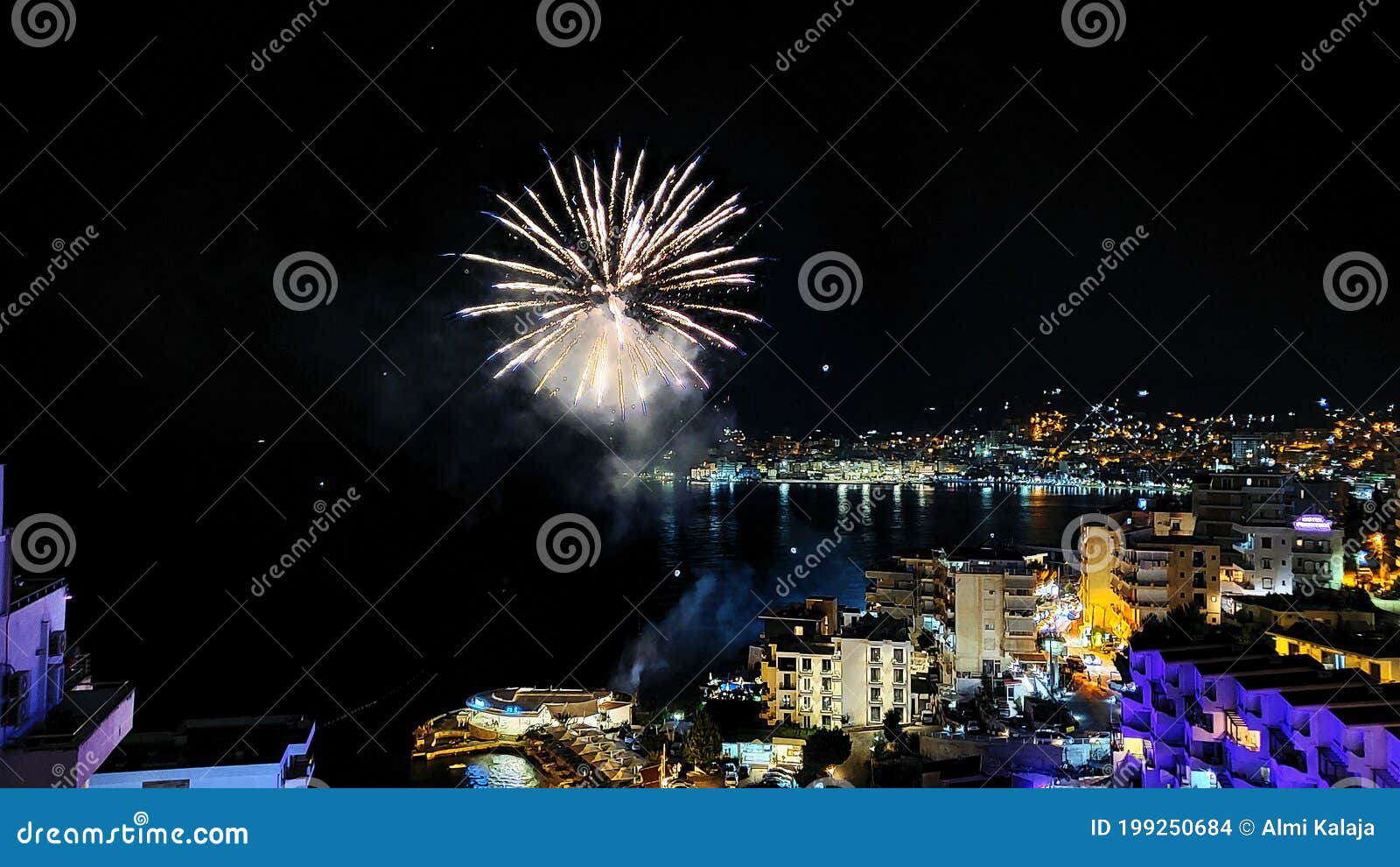 Saranda night fireworks stock photo. Image of sparkler - 199250684