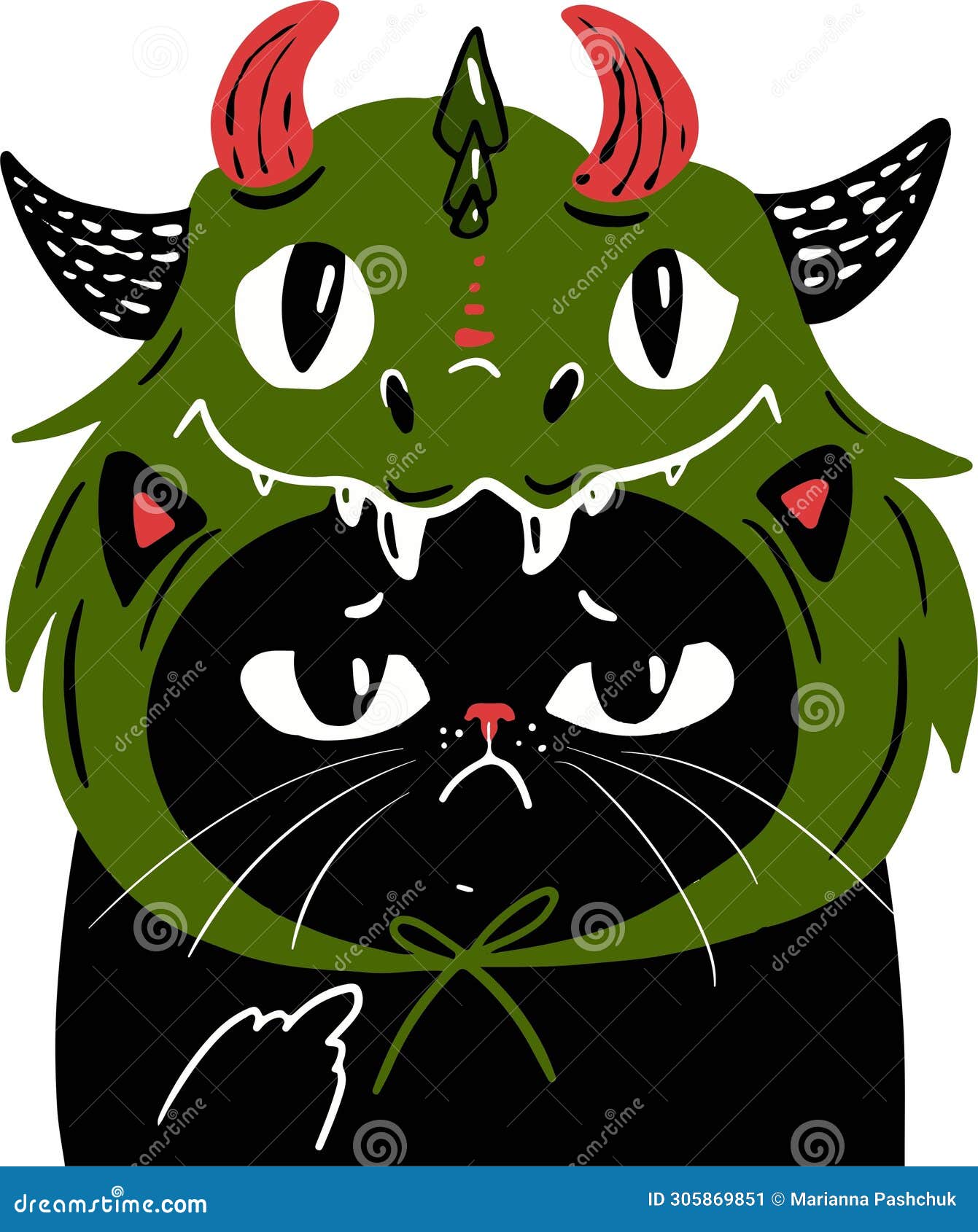 Sarcastic Black Cat with Dragon Hat, Middle Finger. Vector Handdrawn ...
