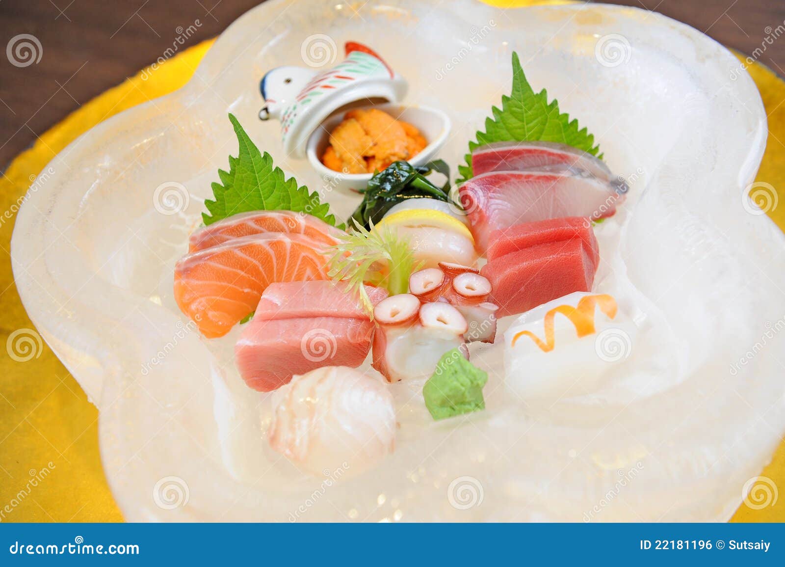 Sashimi on ice plate stock photo. Image of meat, green - 22181196