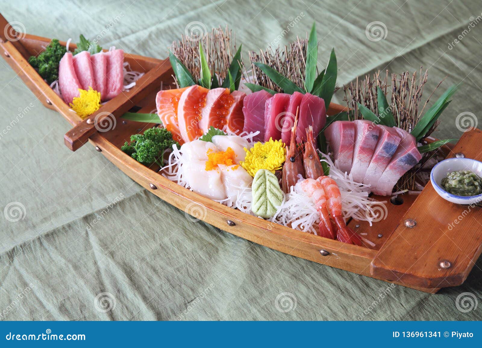Sashimi set on wooden boat stock image. Image of asia - 136961341