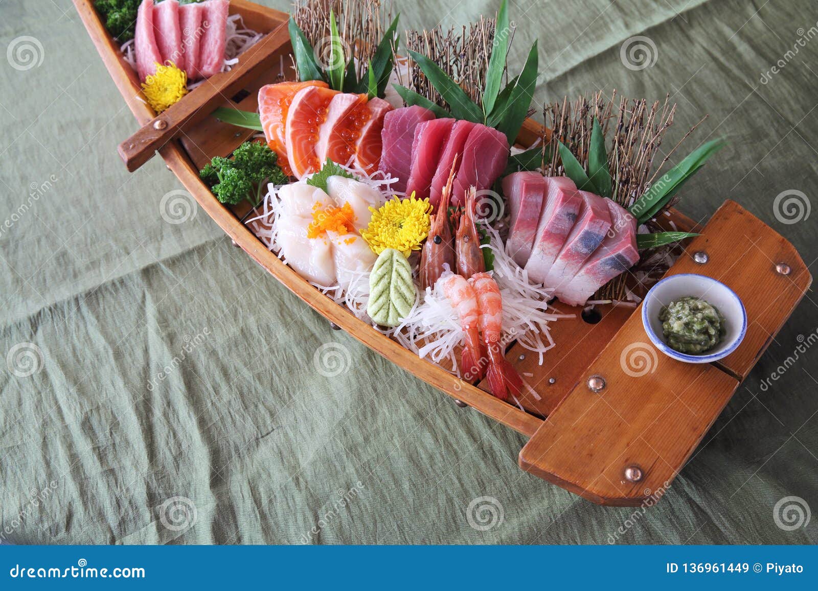 Sashimi set on wooden boat stock image. Image of japanese - 136961449