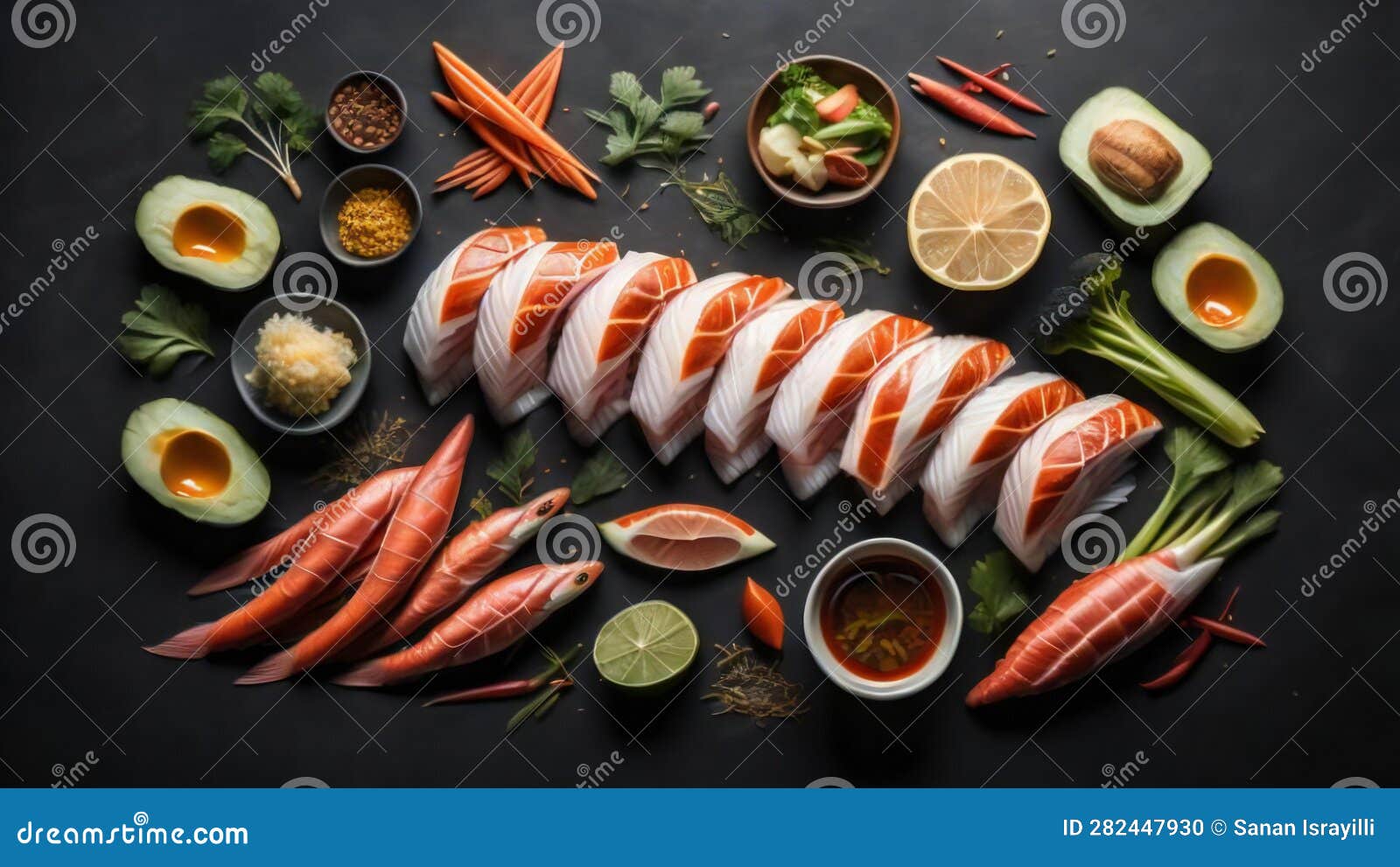 Sashimi Set on Black Background, Top View, Flat Lay. Ai Generated Stock ...
