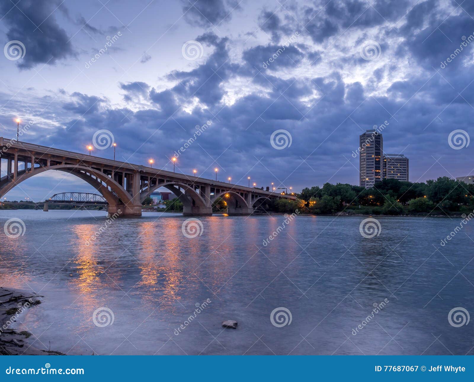 Saskatoon skyline at night stock image. Image of twilight - 77687067