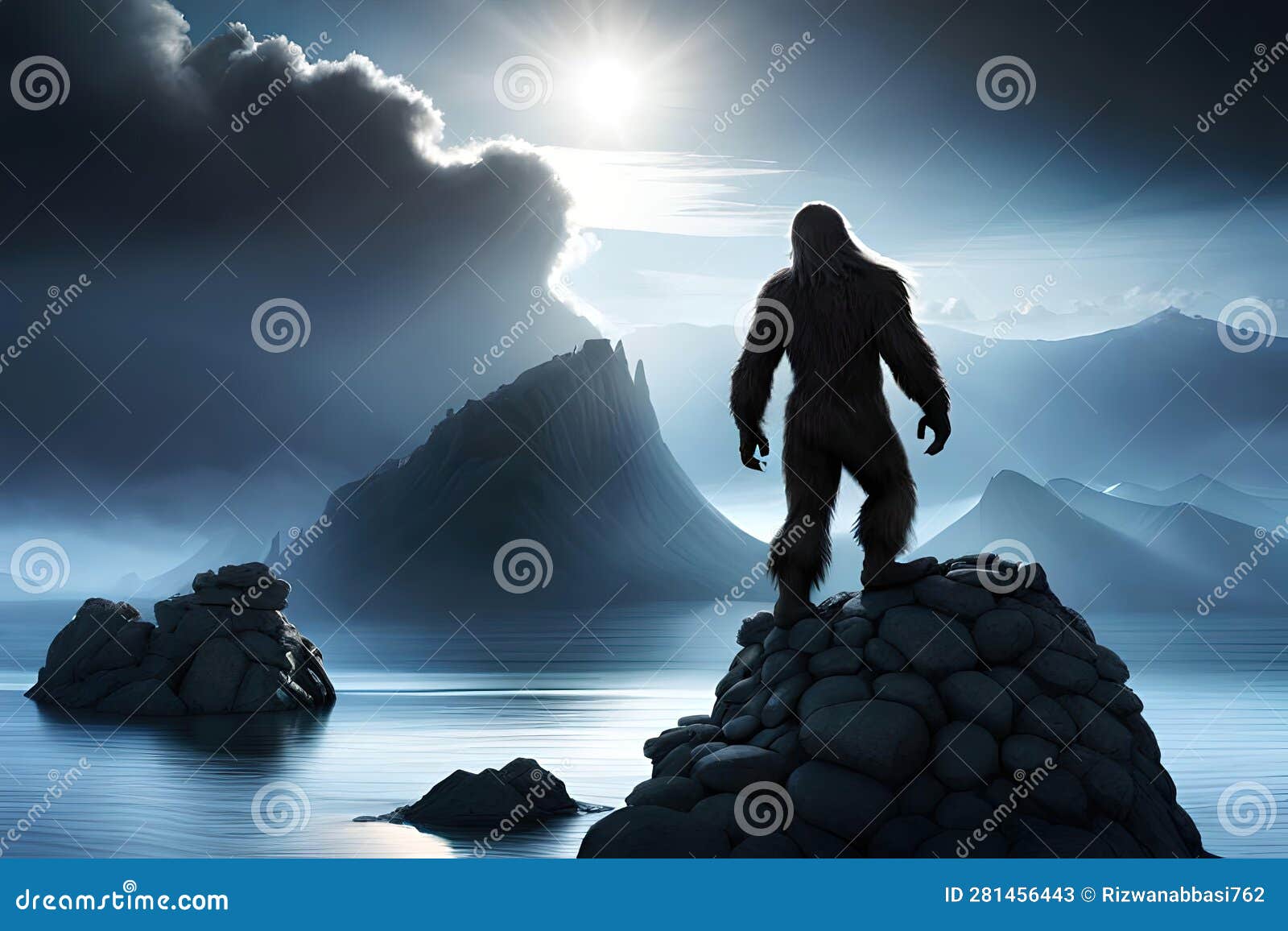 Sasquatch Silhouette Standing on Cliff Ledge Stock Illustration ...