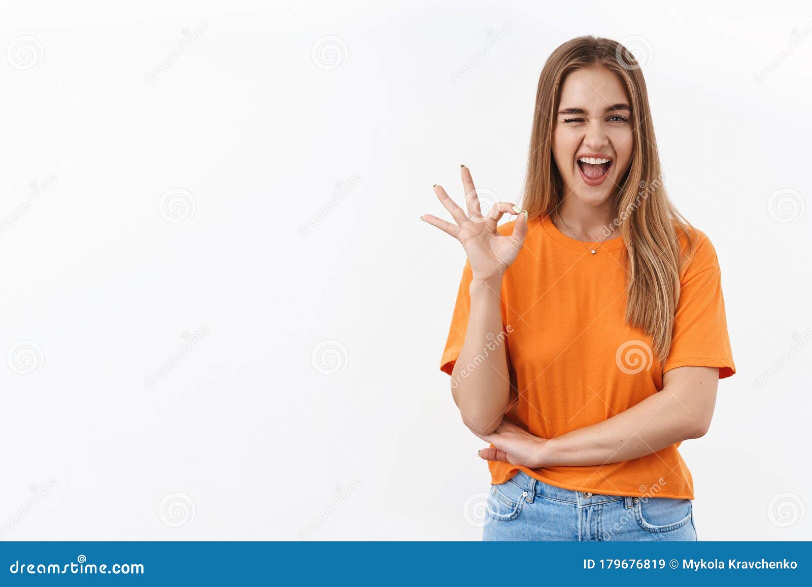 Sassy Blonde Girl Show Okay Sign Wink And Smiling Assure You Will