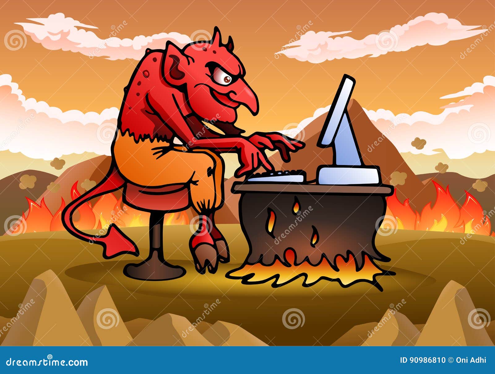 Satan using computer stock illustration. Illustration of cartoon - 90986810
