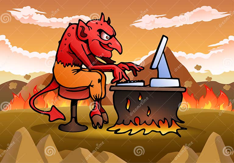 Satan using computer stock illustration. Illustration of cartoon - 90986810