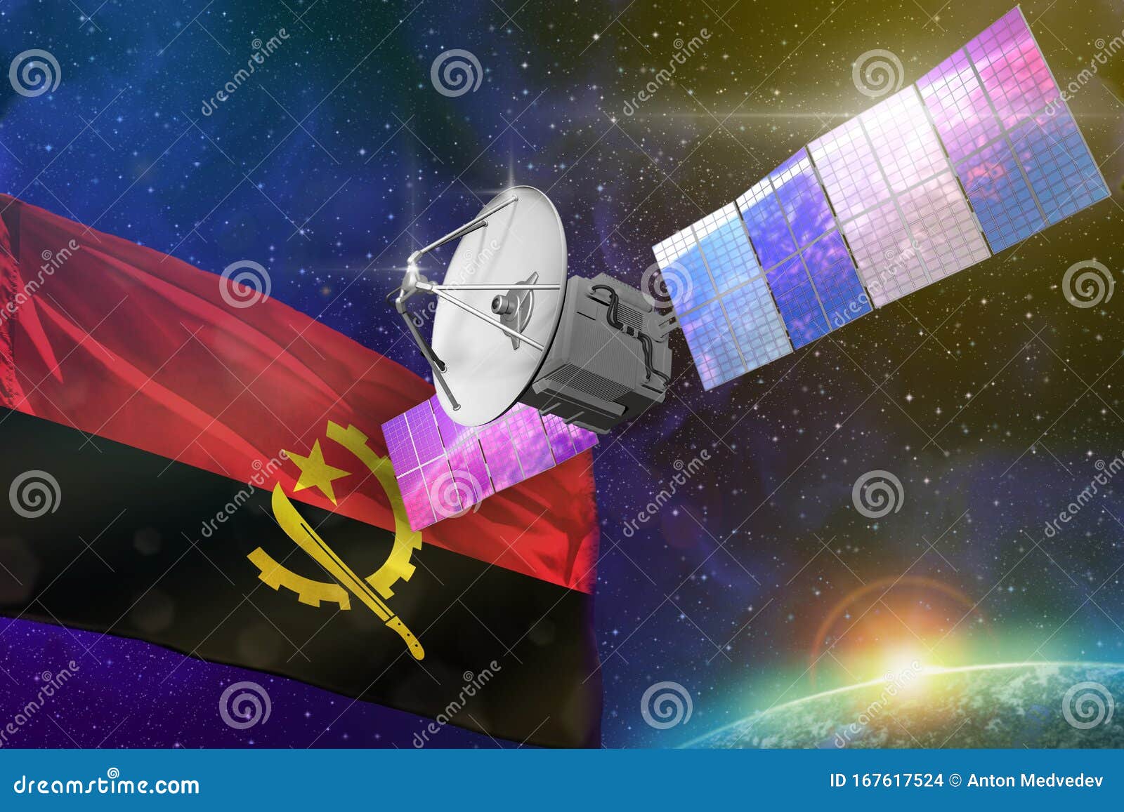 Space Communications Technology Concept - Satellite with Angola Flag ...