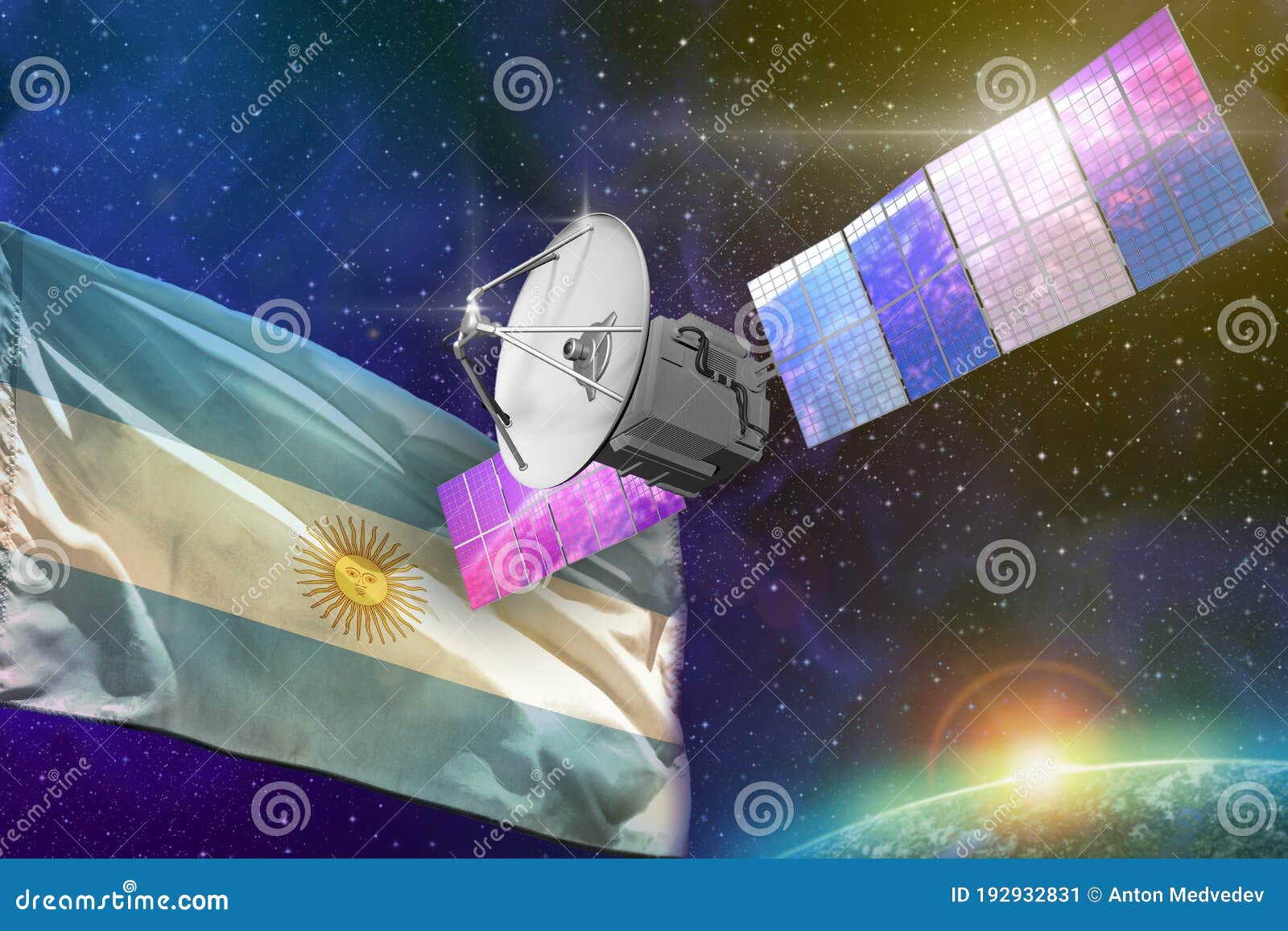 Space Communications Technology Concept - Satellite with Argentina Flag ...