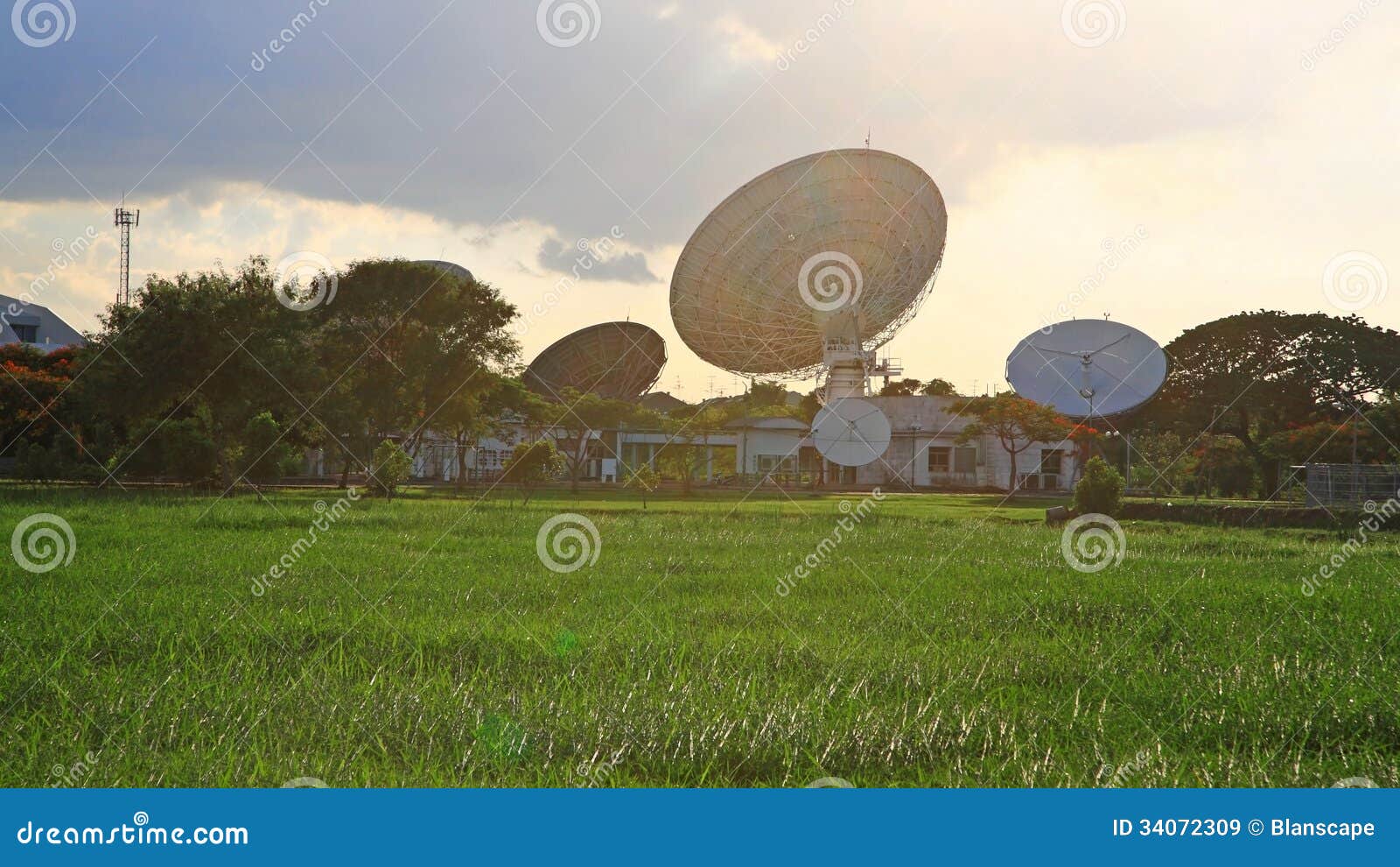 Satellite Communication Dish Against Flare Light Stock Image - Image of ...