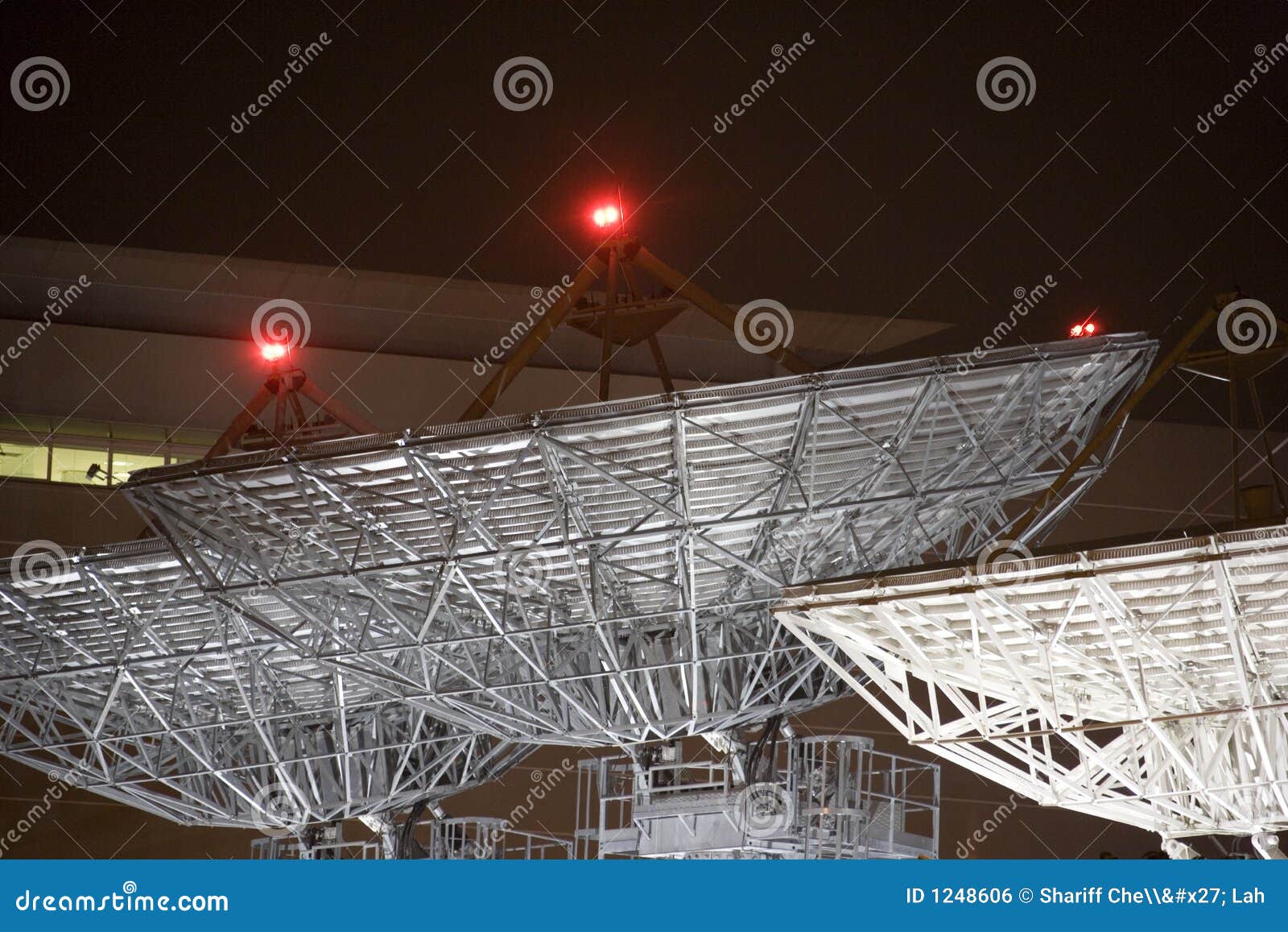 Satellite Communication Dishes at Night Stock Photo - Image of ...