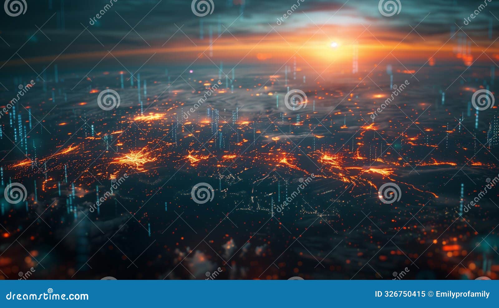 Satellite Communication Pathways Visualization during Sunset Stock ...