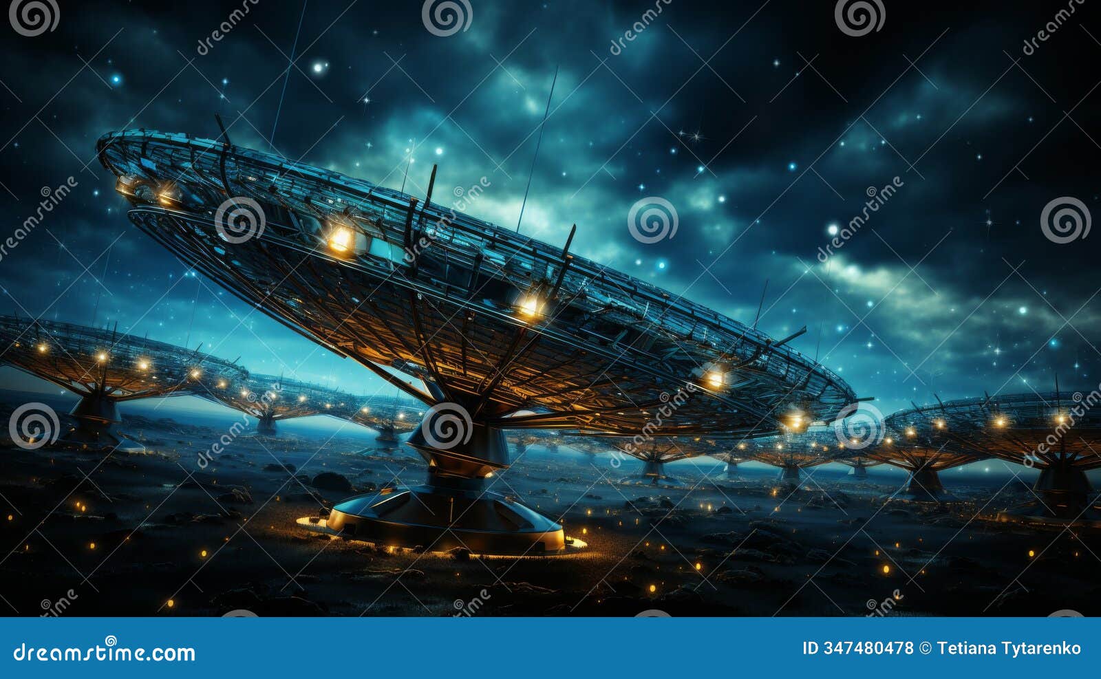 Satellite Dish Array Illuminated Under a Vivid Starry Sky at Night ...