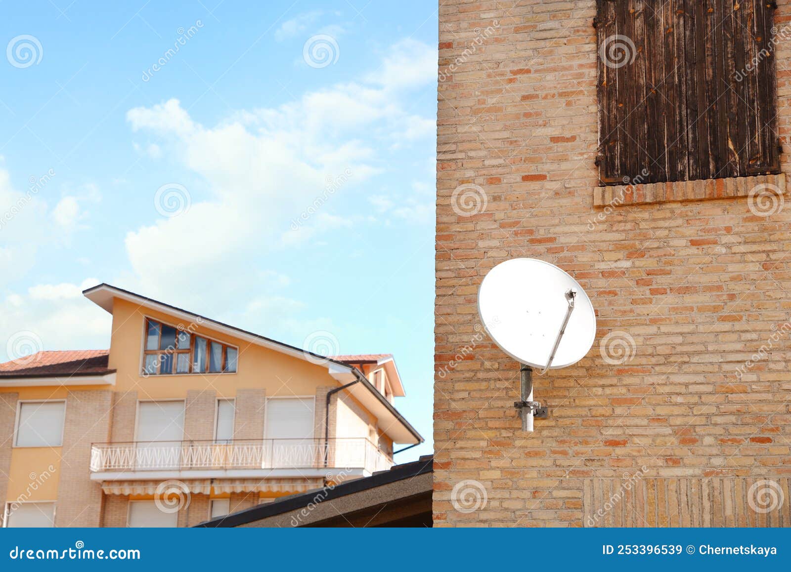 Satellite Dish on Brick Wall of Building, Space for Text Stock Image ...