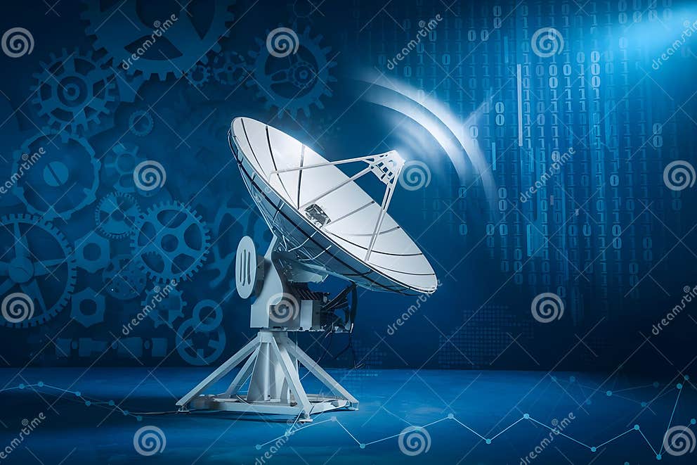 Satellite Dish Emitting Light Beam Against Blue Background with Gears ...