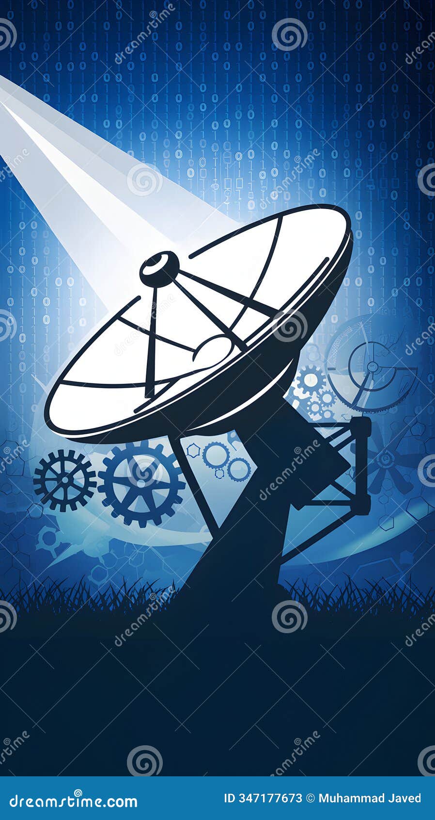 Satellite Dish Emitting Light Beam Against Blue Background with Gears ...