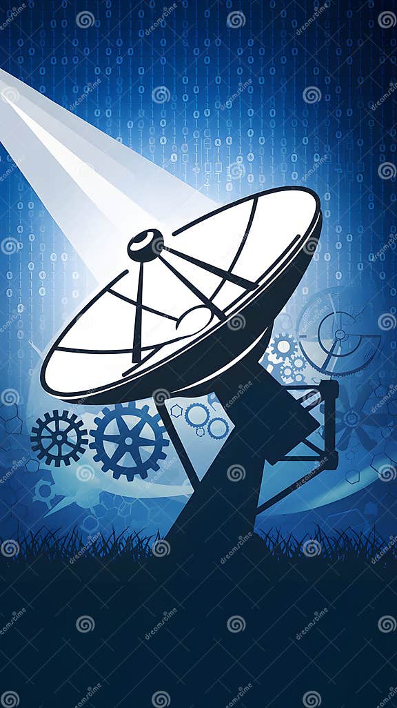 Satellite Dish Emitting Light Beam Against Blue Background with Gears ...