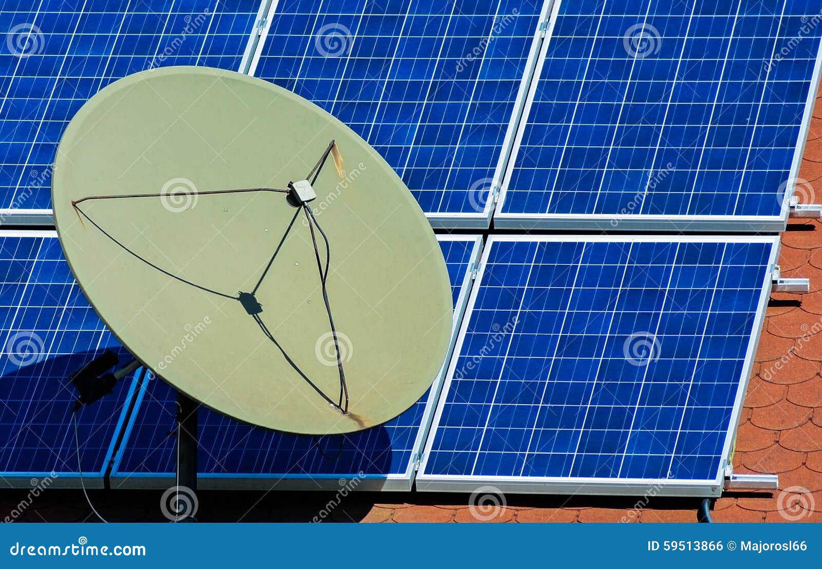 Satellite Dish and Solar Panels on the Roof Stock Photo - Image of cell ...