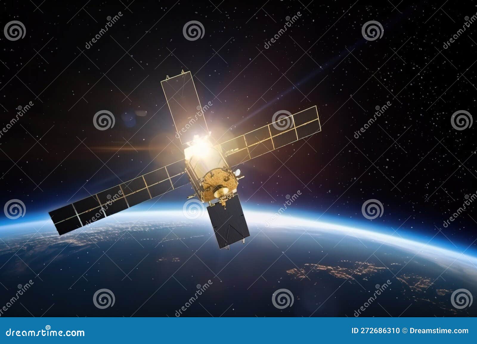 A Satellite is Flying in Orbit Around the Planet Earth. Against the ...