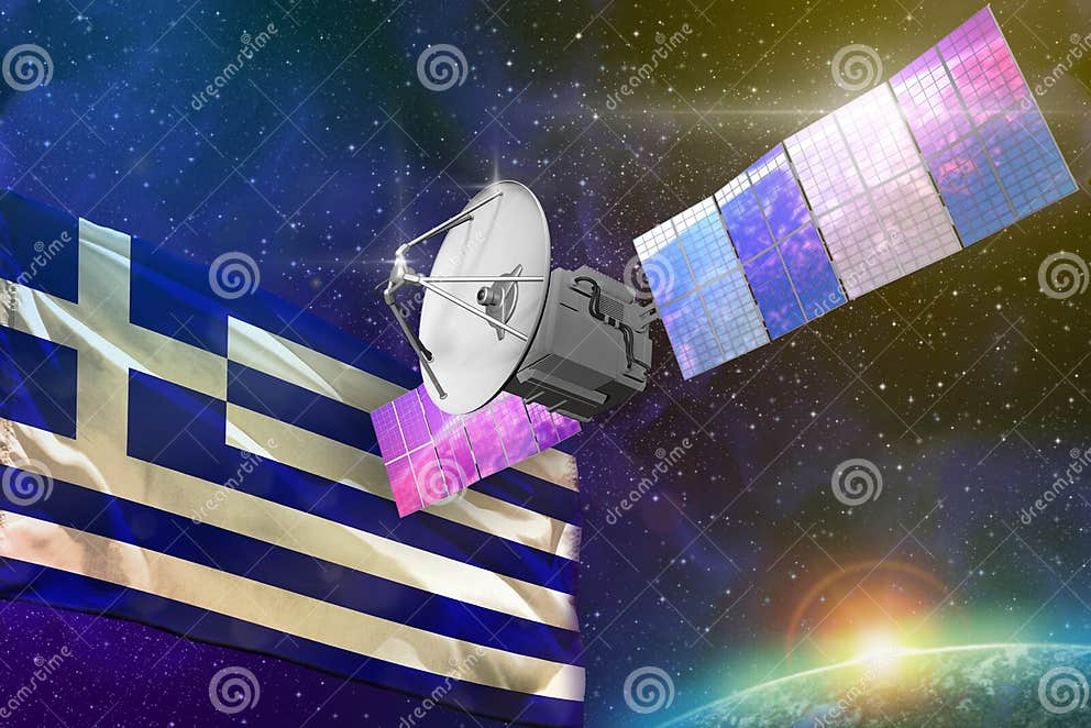 Space Communications Technology Concept - Satellite with Greece Flag ...