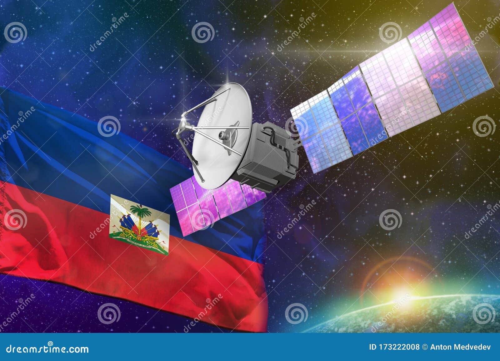 Space Communications Technology Concept - Satellite with Haiti Flag, 3D ...