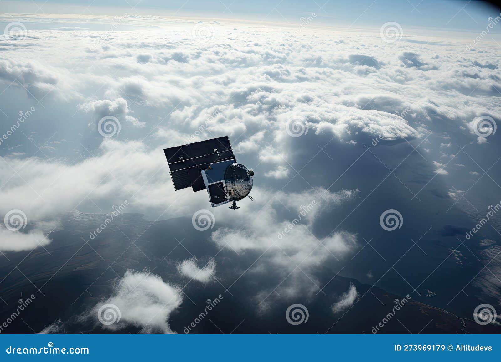 Satellite, Hovering High Above the Clouds, with View of Sprawling ...
