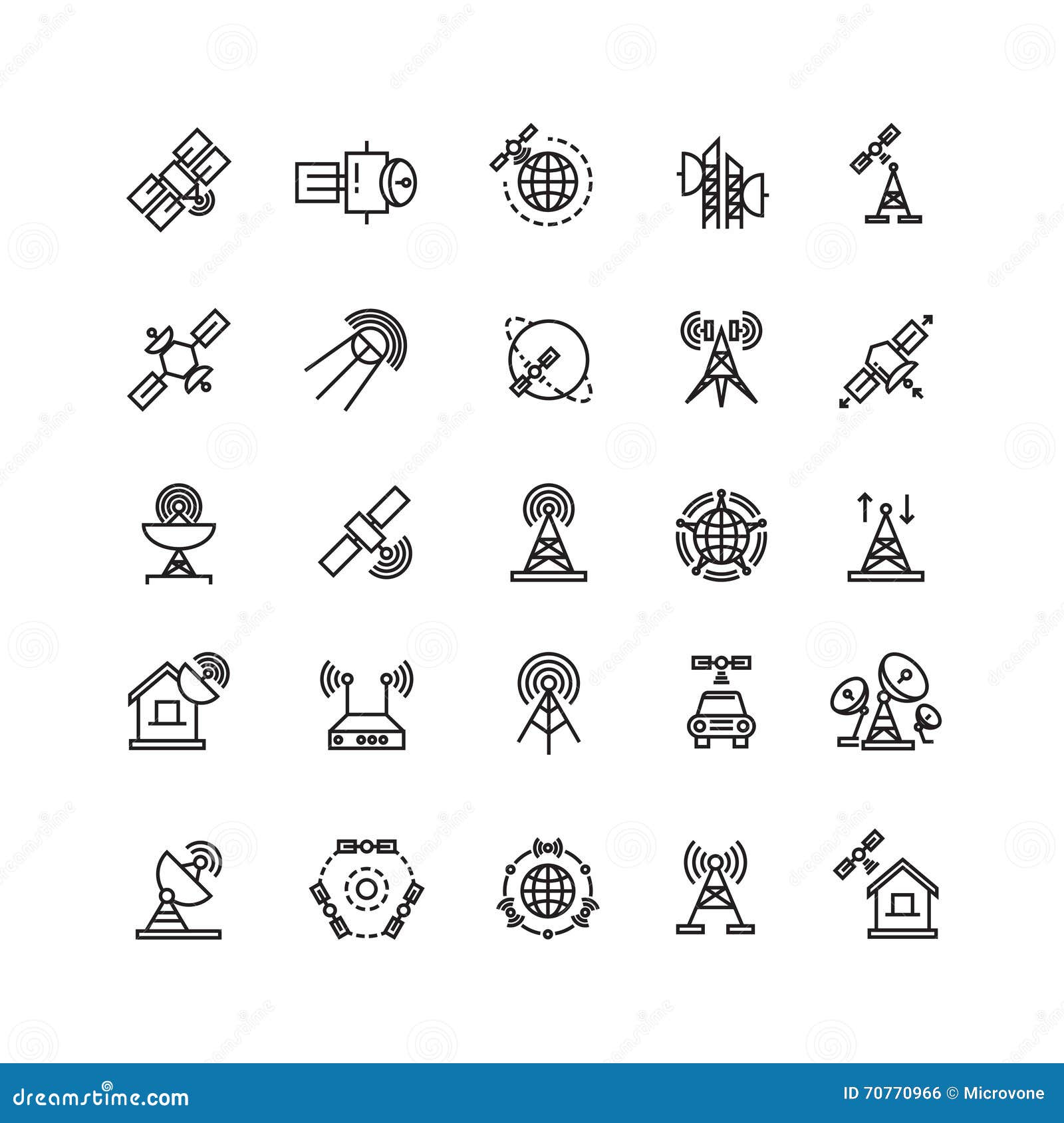 Satellite and Orbit Communication, Aerial Line Thin Icons Stock Vector ...