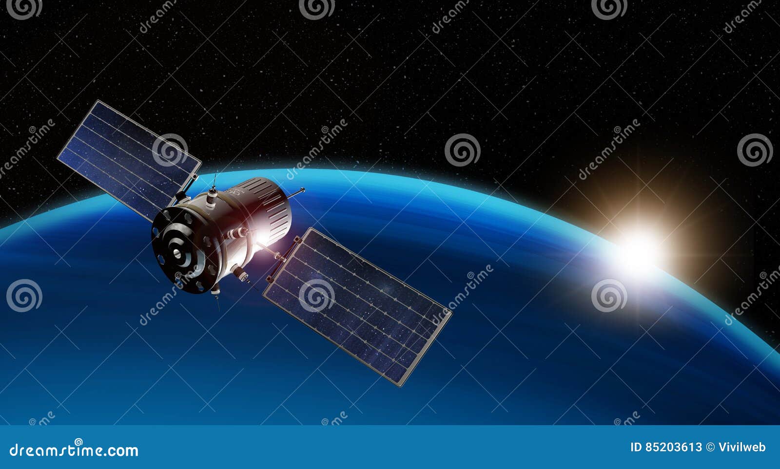 Satellite Orbiting the Earth at Sunrise Stock Illustration ...