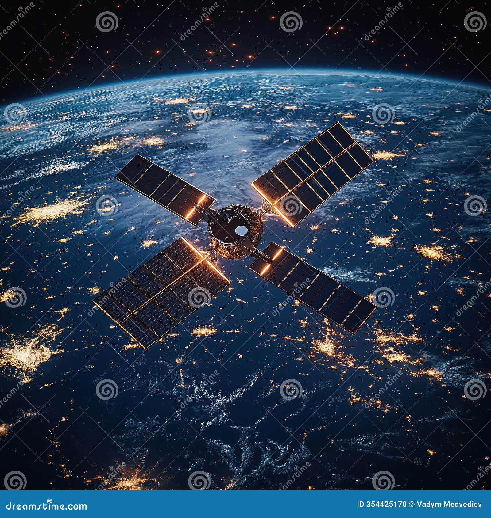 Satellite Orbits Earth Sending Digital Signals. Futuristic Tech Concept ...