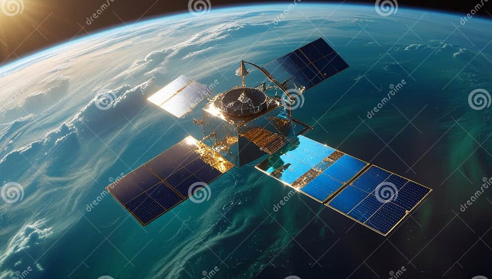 Satellite Orbits Earth with Solar Panels and Vibrant Oceanic Backdrop ...