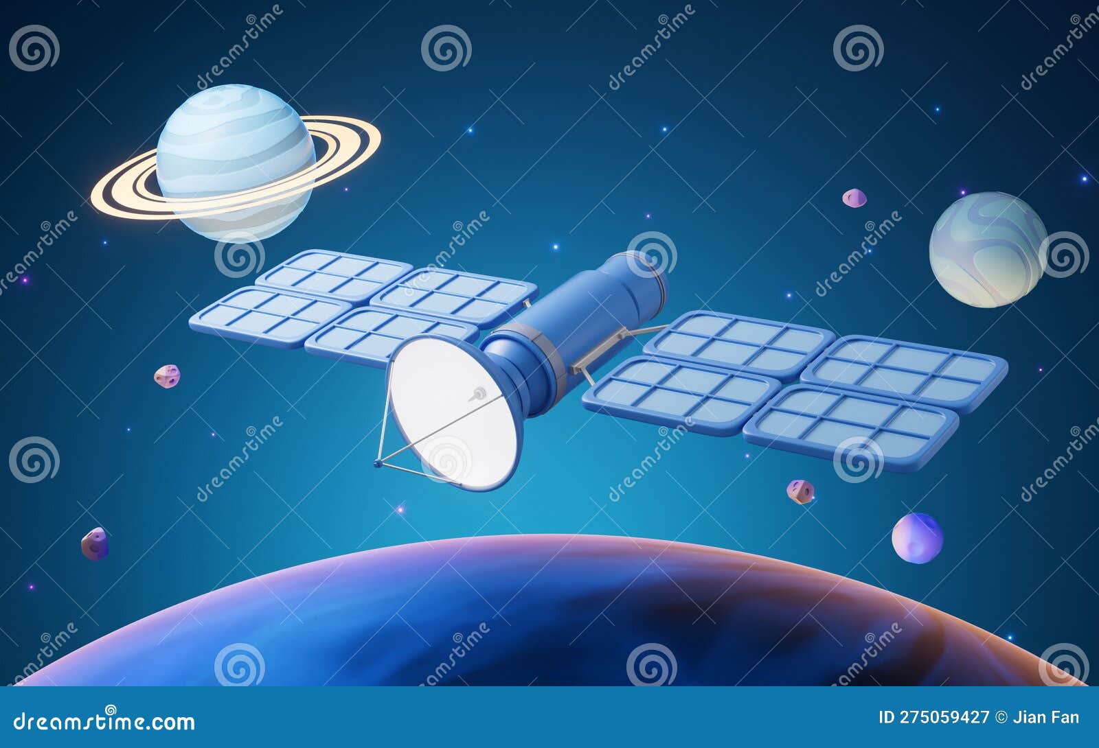 Satellite in Outer Space with Cartoon Style, 3d Rendering Stock ...