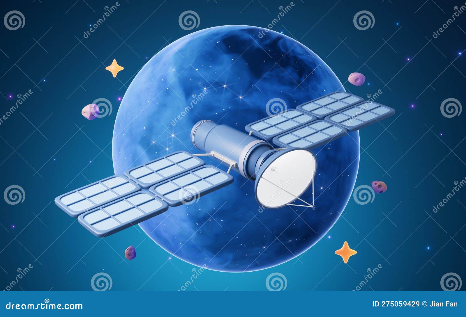 Satellite in Outer Space with Cartoon Style, 3d Rendering Stock ...