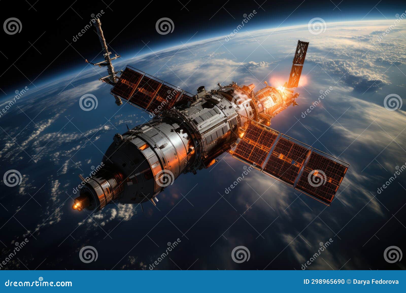Satellite in Outer Space. Planet on Background Stock Photo - Image of ...