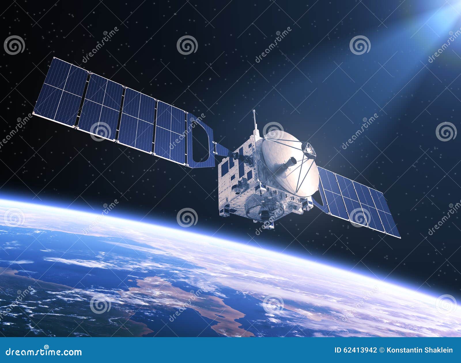 Satellite in the Rays of Light Stock Illustration - Illustration of ...