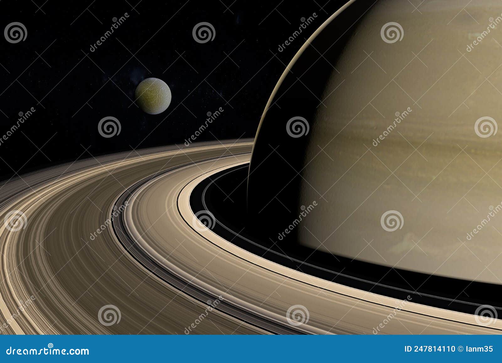 Satellite Rhea Orbiting Around Saturn Planet. 3d Render Stock ...