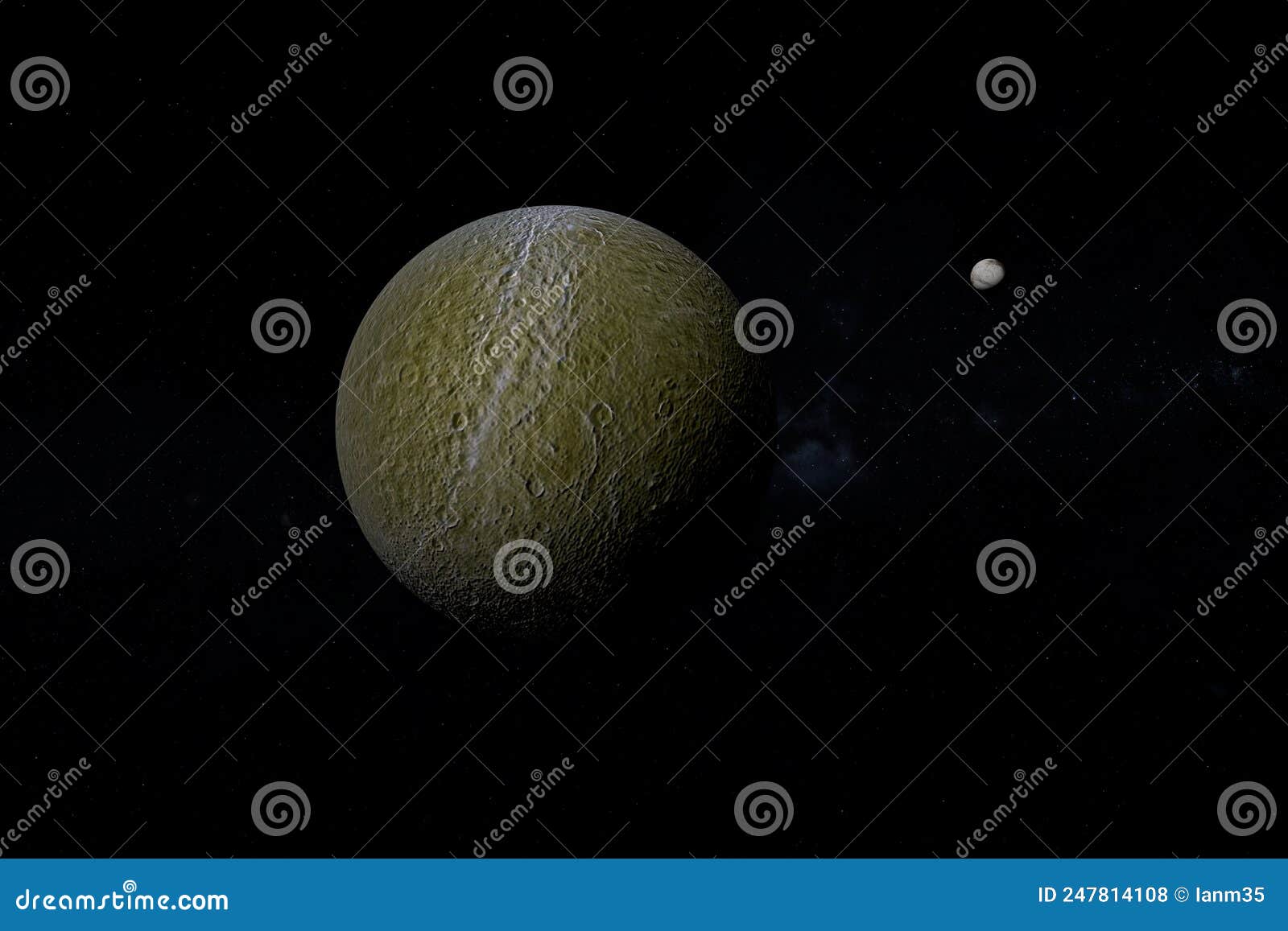 Satellite Rhea Orbiting in the Space with Moon Iapetus. 3d Render Stock ...