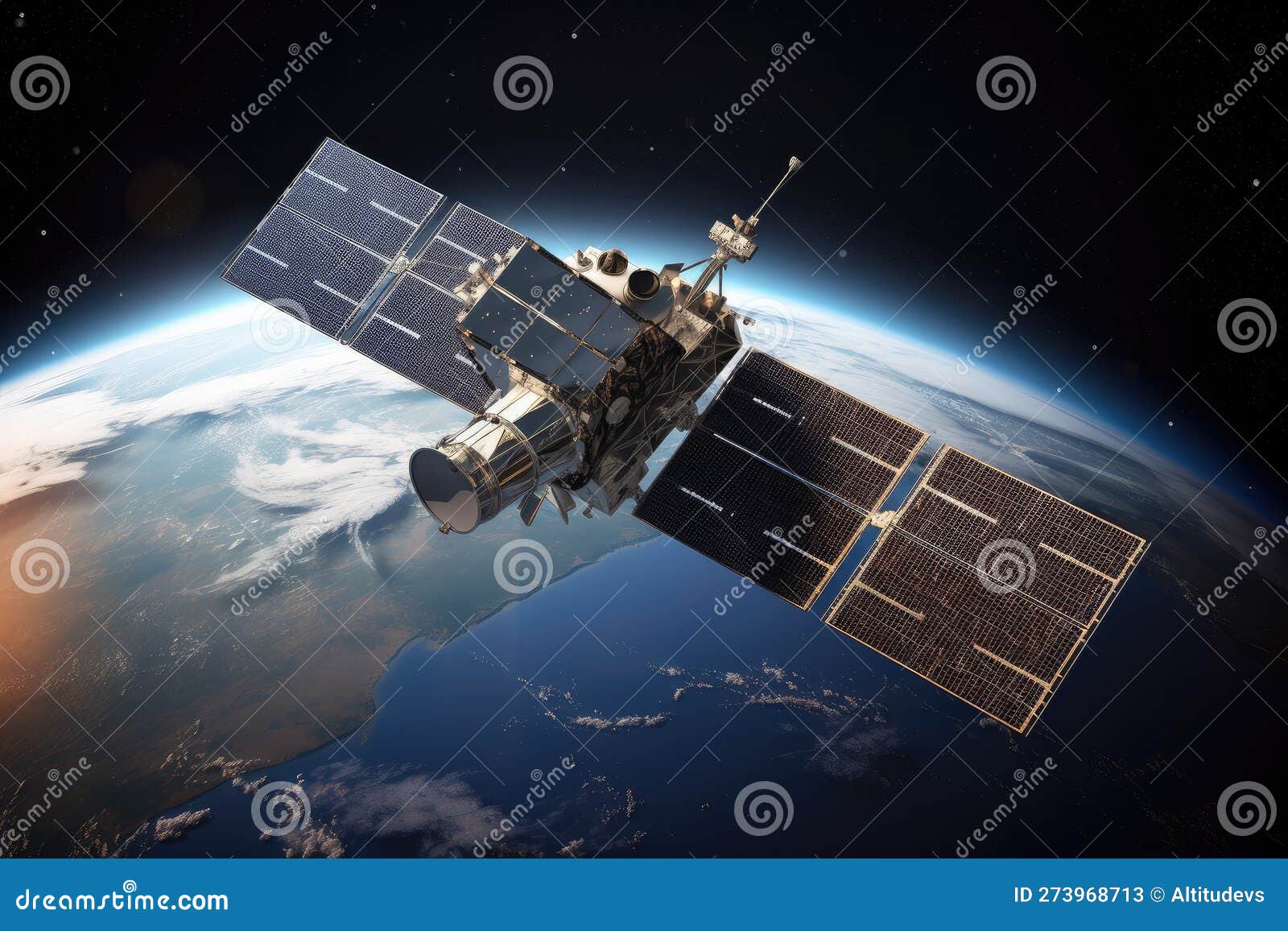 Satellite with Solar Panels, Orbiting the Earth in Outer Space Stock ...