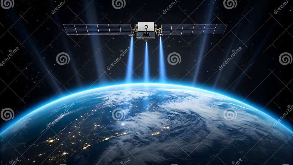 Satellite in Space Orbiting Earth Stock Photo - Image of orbit, night ...