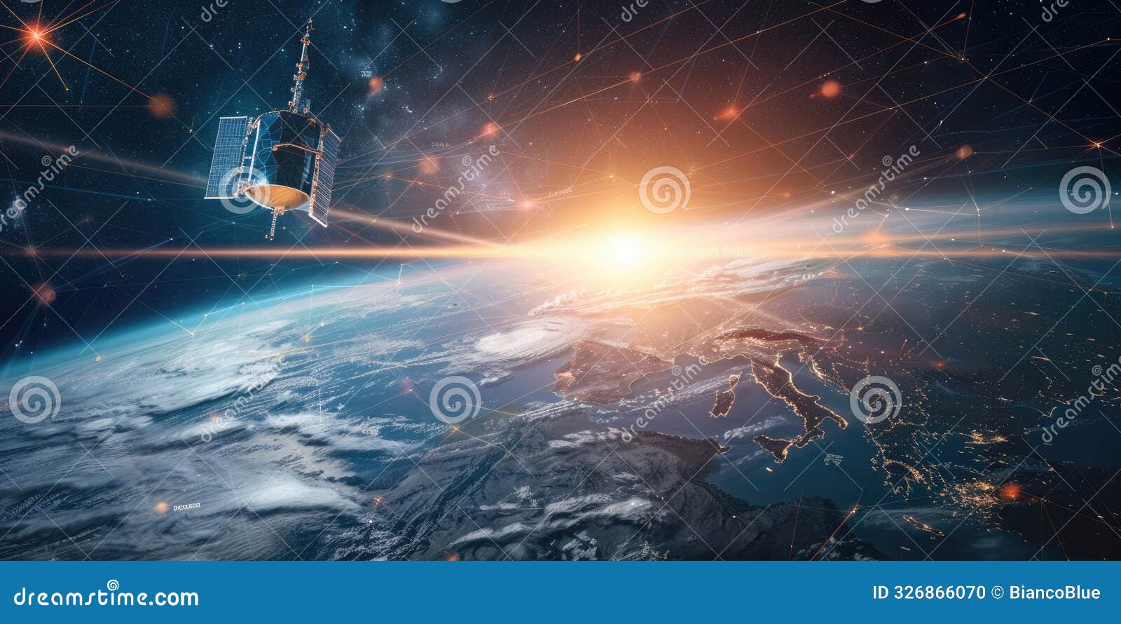 Satellite in Space Orbiting Earth with Laser Beams. Space Exploration ...