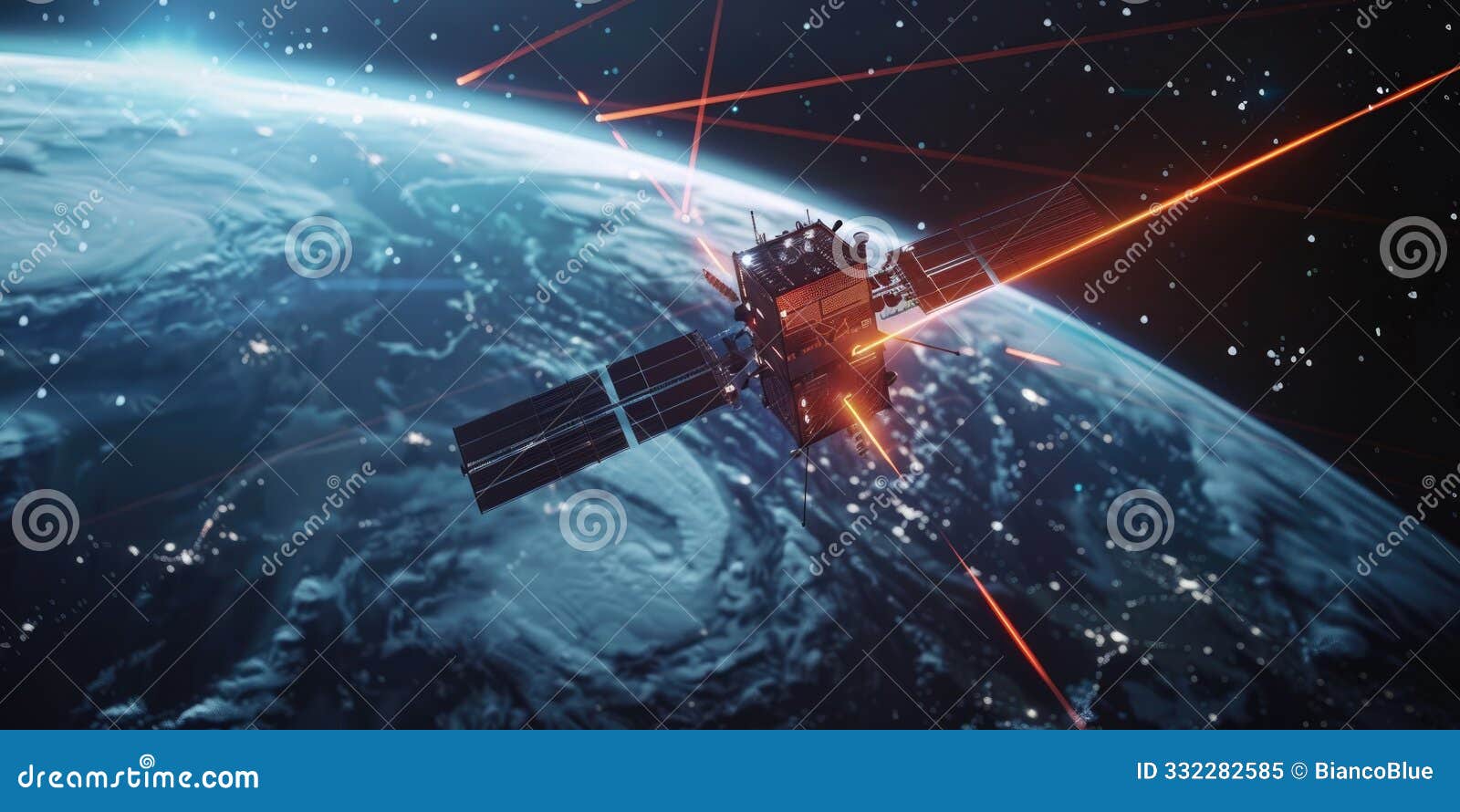 Satellite in Space Orbiting Earth with Laser Beams. Space Exploration ...