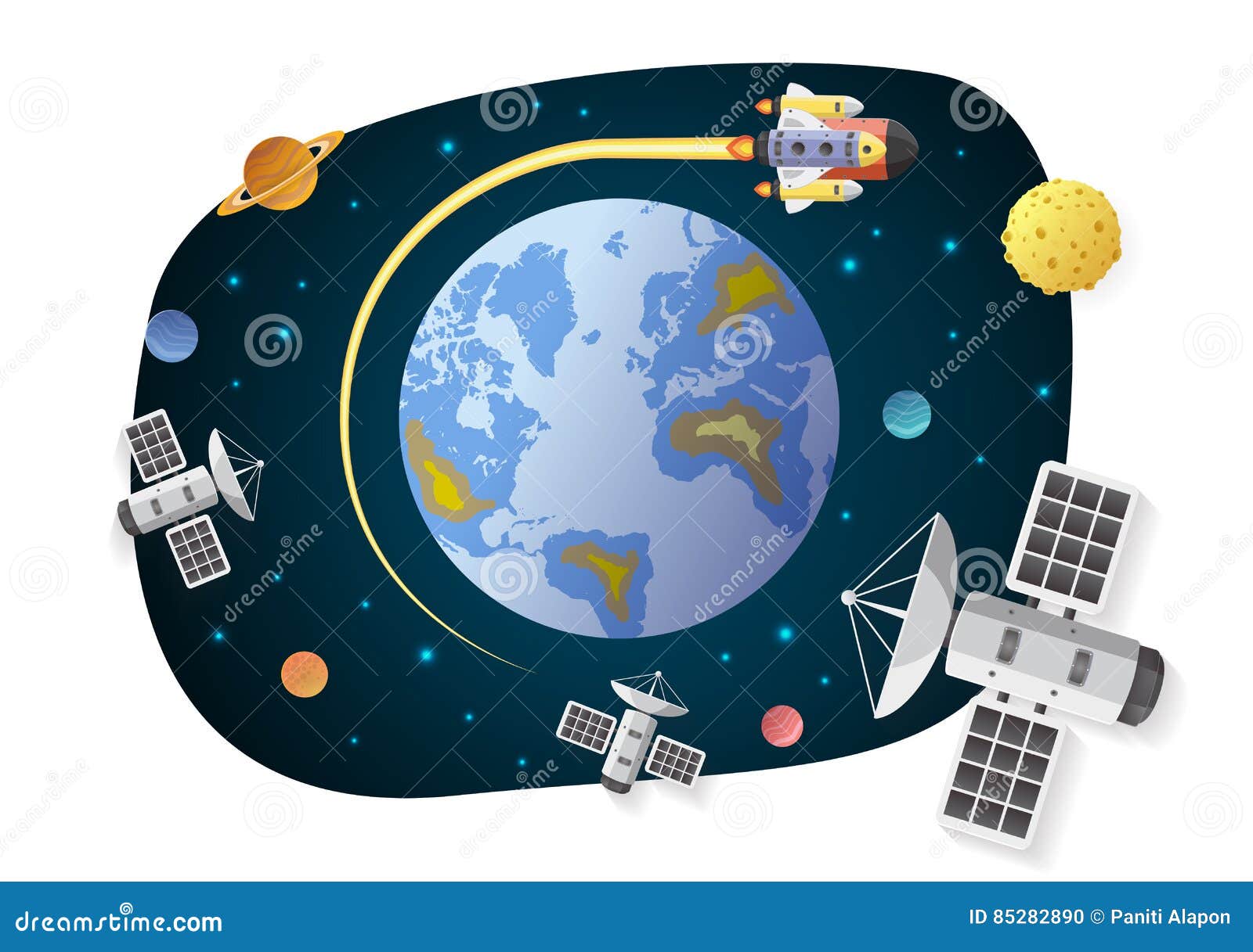 Satellite and Spaceship Cartoon on Earth with Space Stock Vector ...