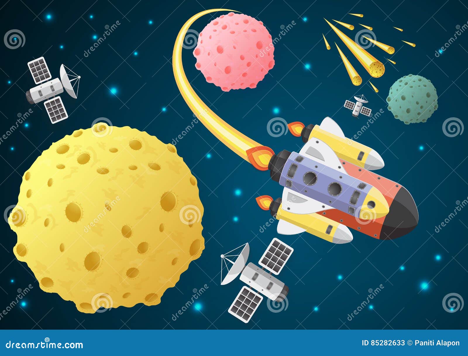 Satellite and Spaceship Cartoon on the Moon with Space Stock Vector ...